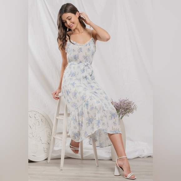 Blu Pepper | Dresses | Blu Pepper White And Blue Floral Midi Dress ...